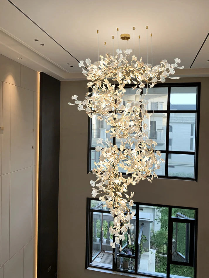 Artistic Tree Branch Pendant Light with Ceramic Ginkgo Leaves ...